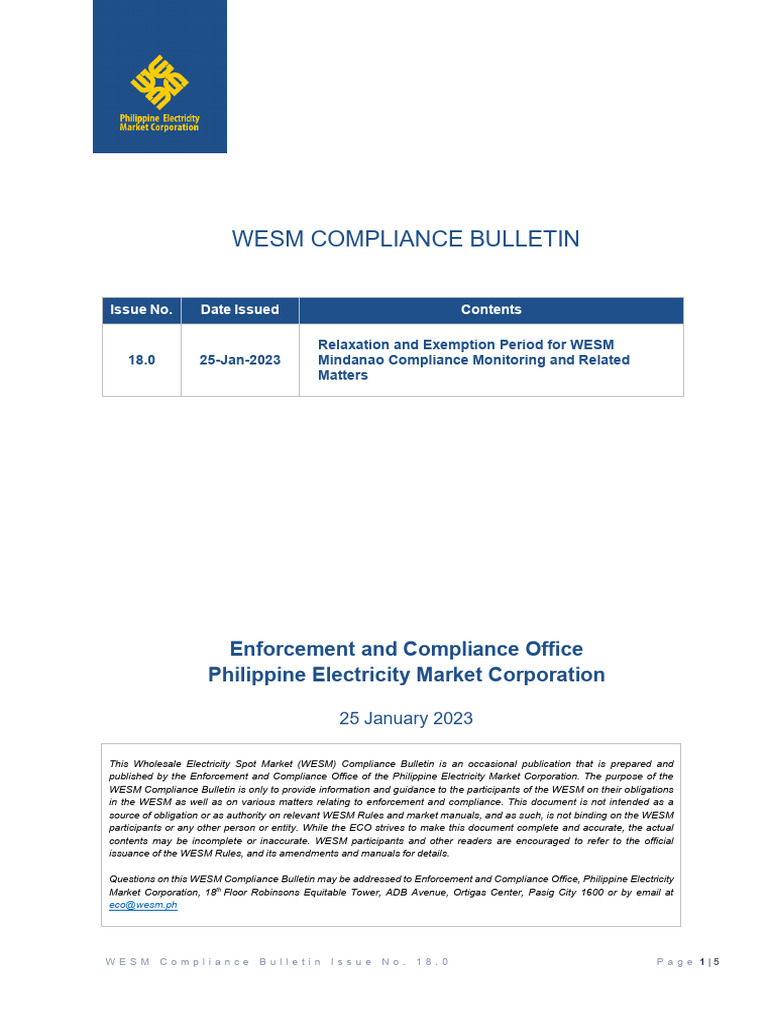 WESM Compliance Bulletin 18.0 Relaxation Period For WESM Mindanao and ...