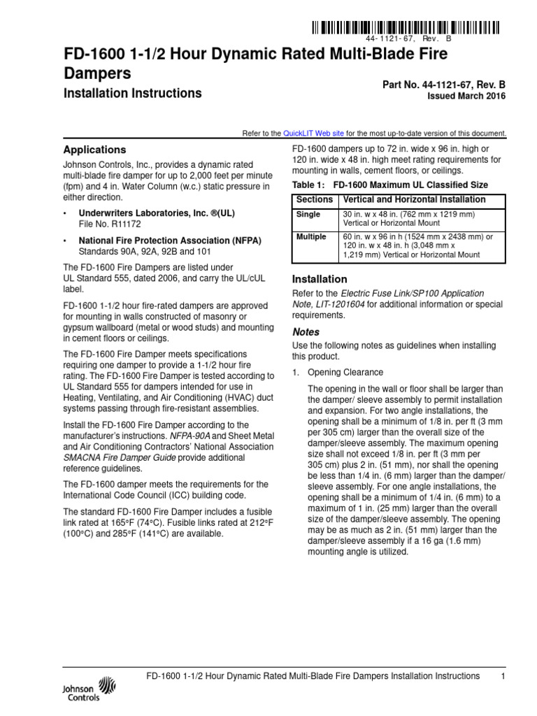 FD-1600 1.5 Hour Dynamic Rated Multi-Blade Fire Damper | PDF | Duct ...