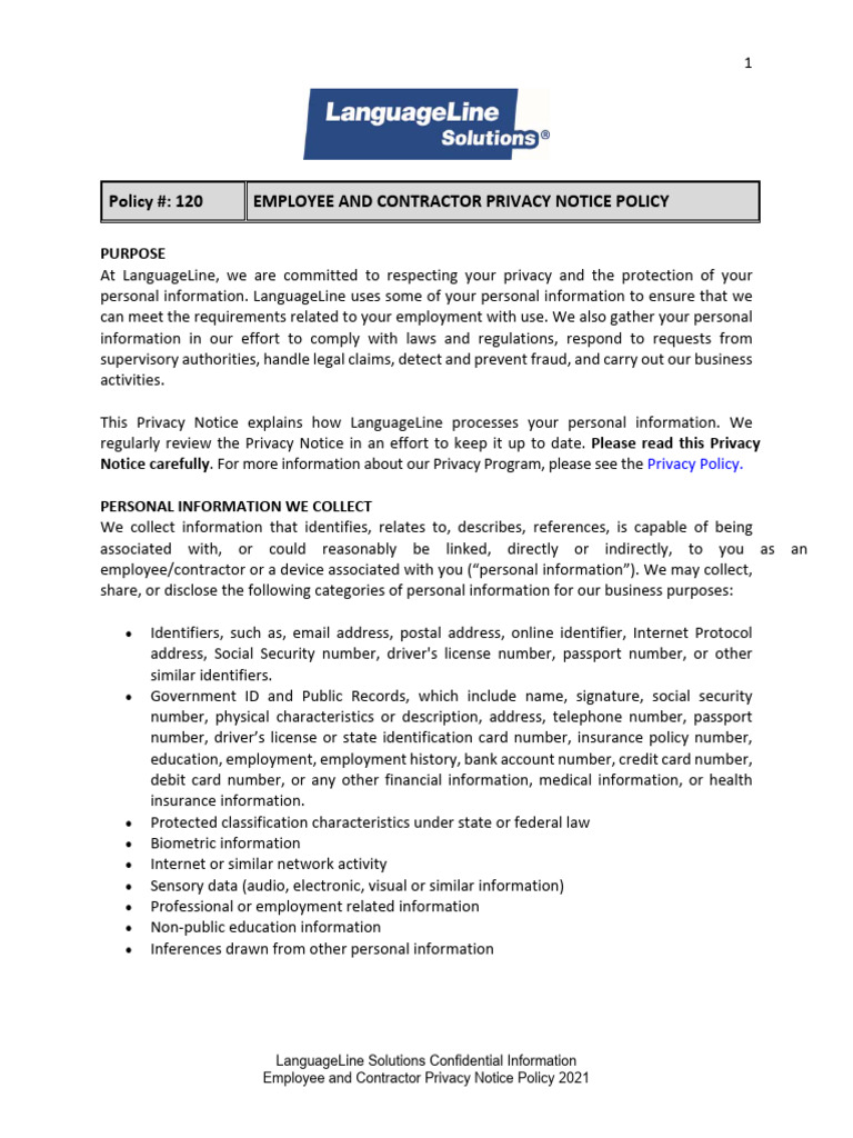 120 Employee and Contractor Privacy Notice Policy 2021 | PDF ...