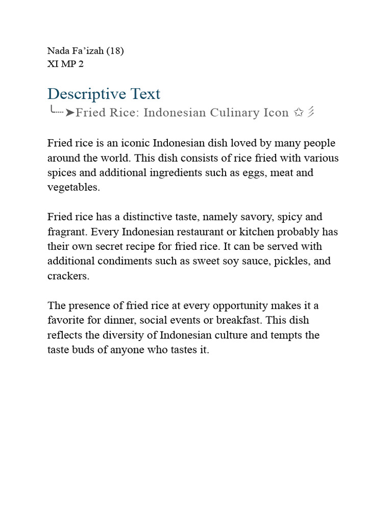 Descriptive Text: Fried Rice: Indonesian Culinary Icon ╰┈ 彡 | PDF