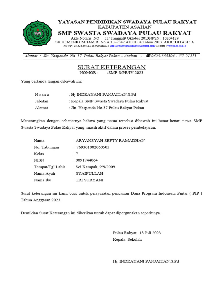 Surat Keterangan Pip Mail Merge | PDF