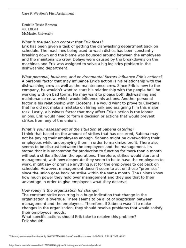 Weytjen S First Assignment Case Analysis | PDF | Business | Behavioural Sciences