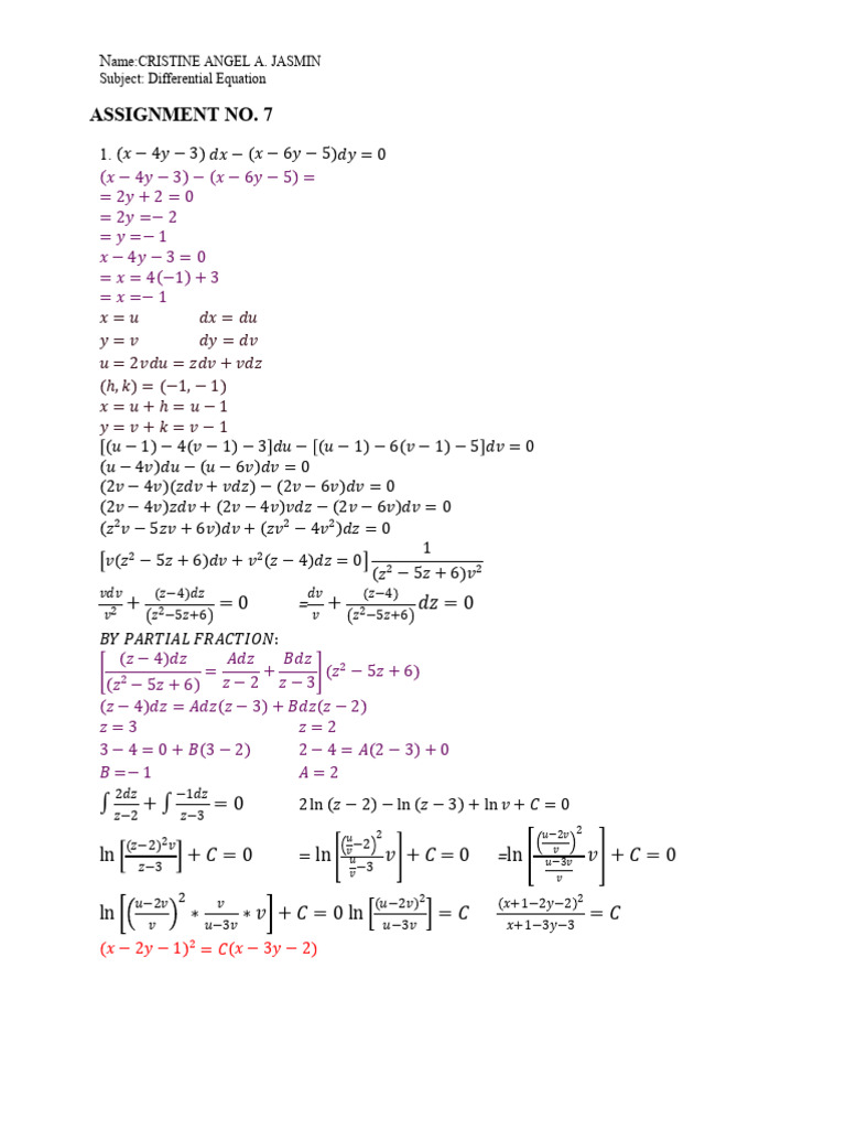 Jasmin, Cristine Angel Assignment 7, D.E | PDF | Equations | Mathematical Objects