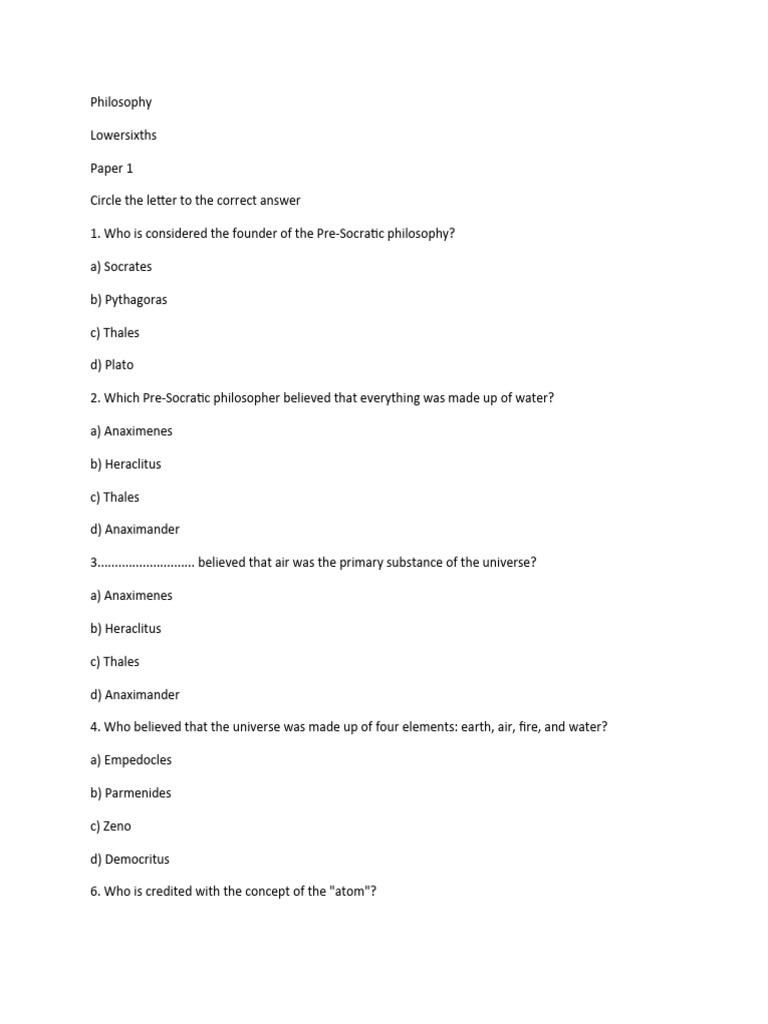 Pre-Socratic and Socratic Philosophy Quiz | PDF | Metaphysics ...