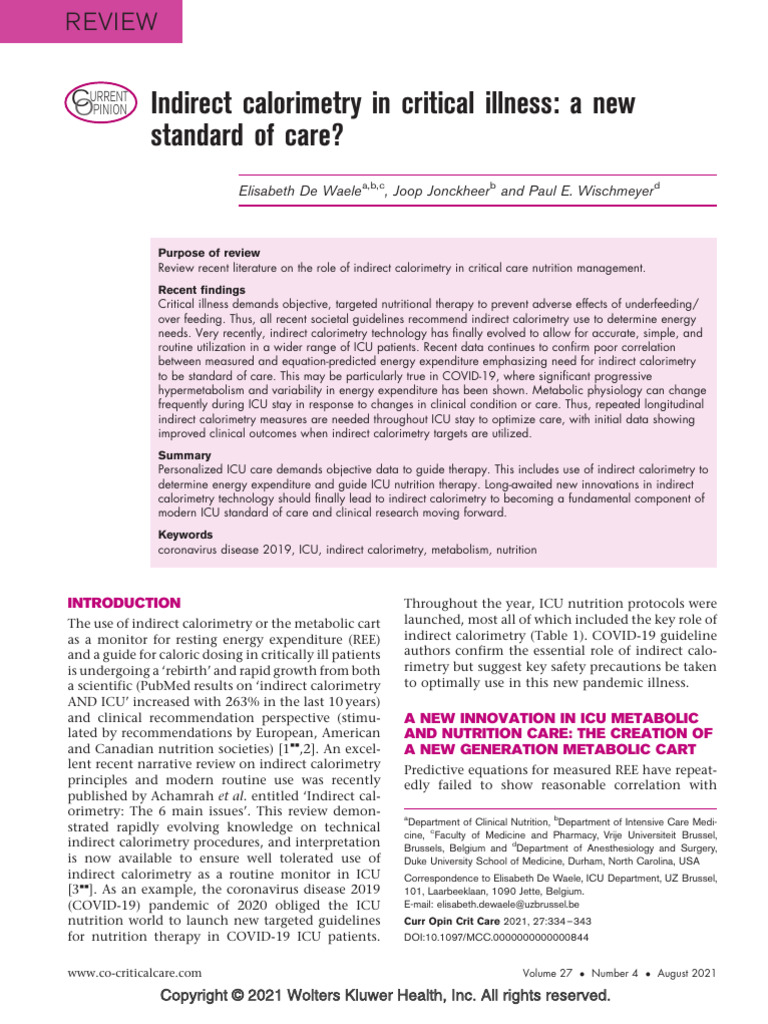 Indirect Calorimetry in Critical Illness A New.3 | PDF | Intensive Care ...