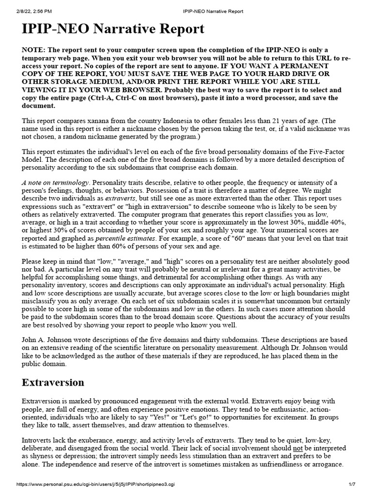 IPIP-NEO Narrative Report | PDF | Extraversion And Introversion | Anxiety