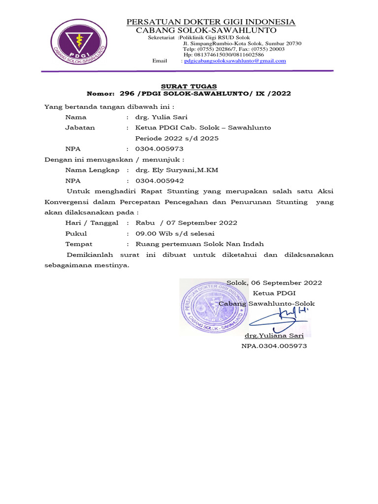 Surat Tugas Rapat Stunting PDGI Solok | PDF