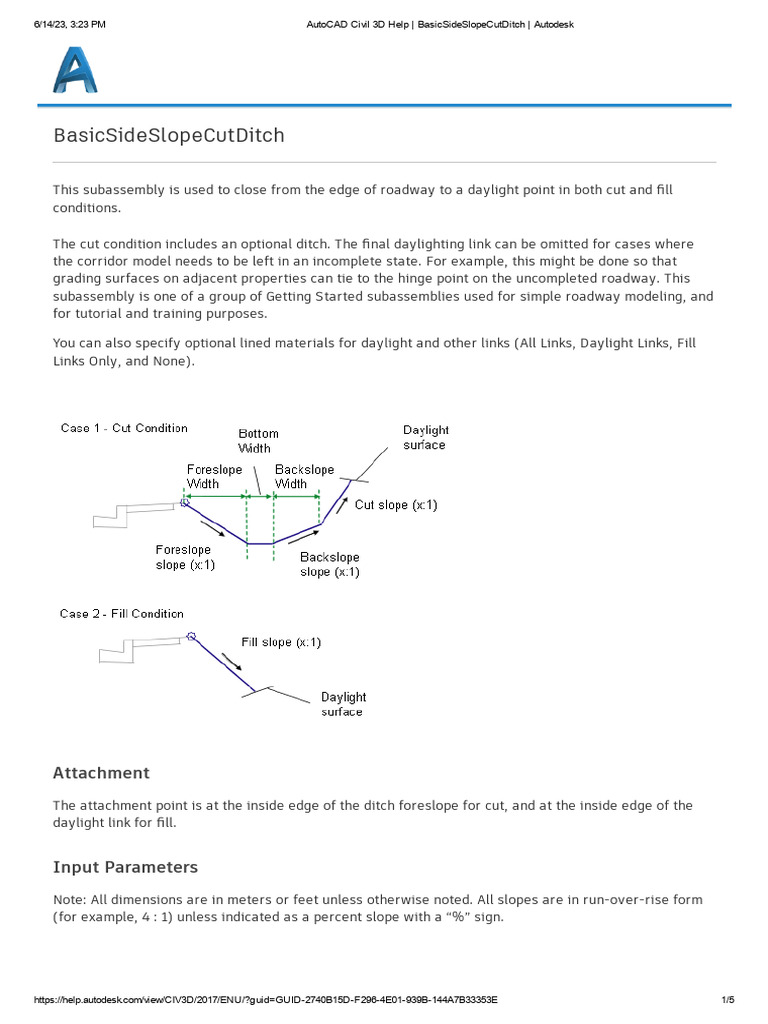 AutoCAD Civil 3D Help - BasicSideSlopeCutDitch - Autodesk | PDF | Parameter (Computer ...