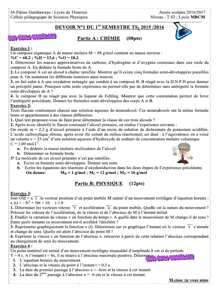 Devoir N 1 Du 1er Semestre Ts2 2015 2016 | PDF