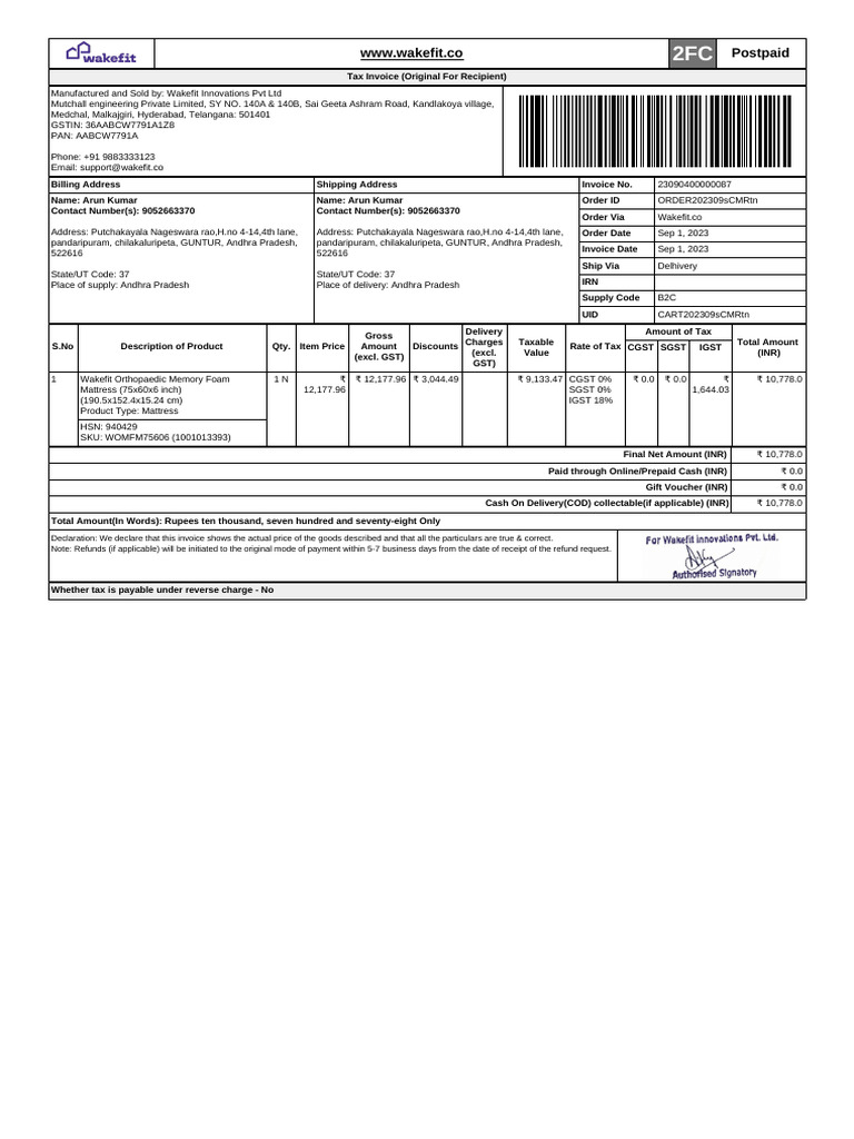 WAKEFIT INVOICE ORDER202309sCMRtn 2023090506121693894330 | PDF ...