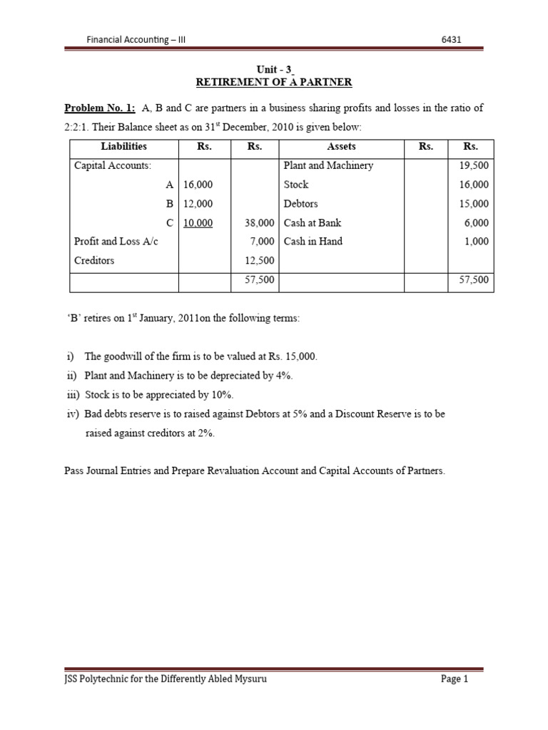Unit 3 Retirement of A Partner - Problems With Answers | Download Free ...