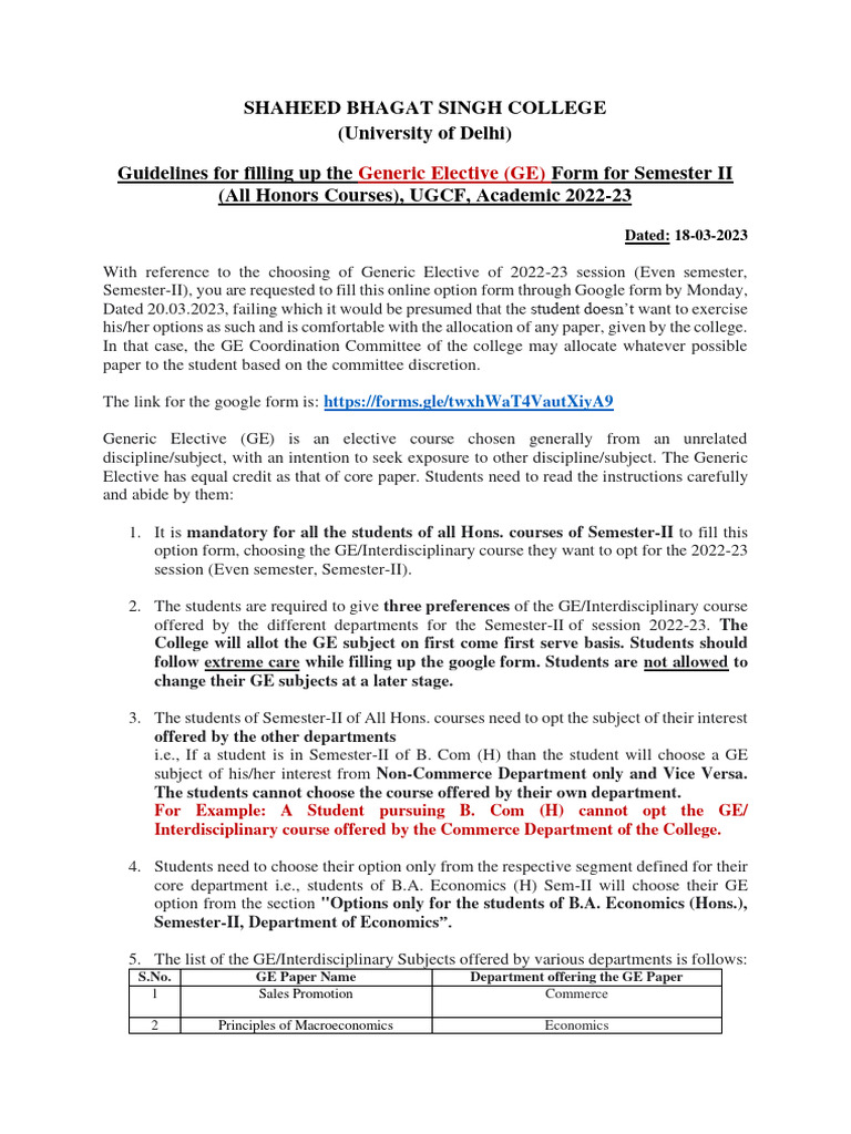 REVISED Guidelines For Filling Up The Generic Elective | PDF | Economics