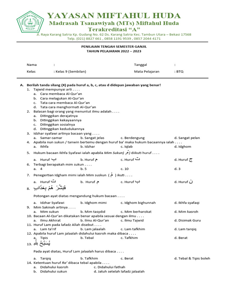 Soal BTQ Kelas 9 | PDF
