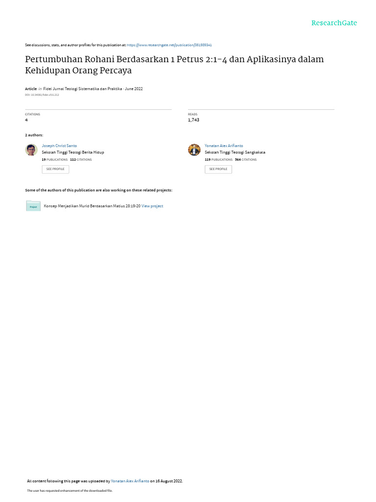 Pertumbuhan Rohani Berdasarkan 1 Petrus 2:1-4 Dan Aplikasinya Dalam Kehidupan Orang Percaya | PDF