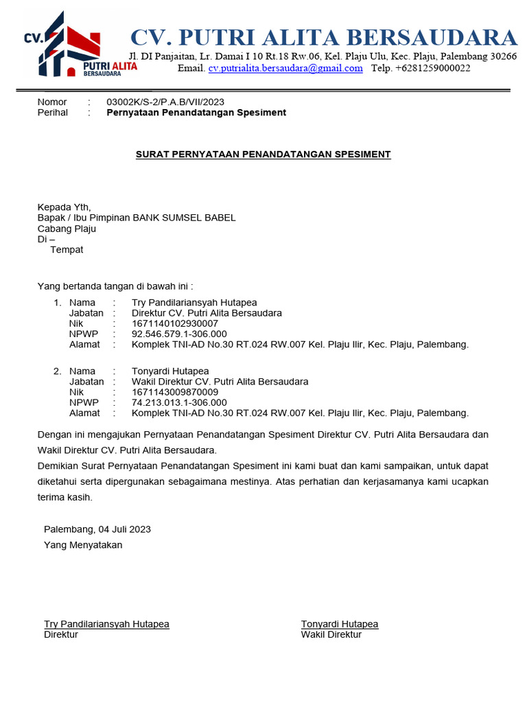 Surat Permohonan Pembukaan Rekening Bank | PDF