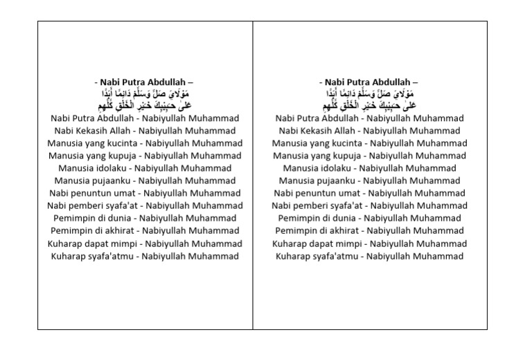 Lirik Maulayasholli Nabi Putra Abdullah | PDF