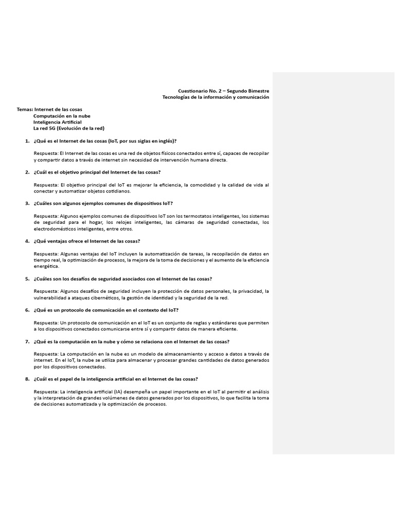 Cuestionario No 2 - TIC | PDF | Computación en la nube | Internet de las Cosas