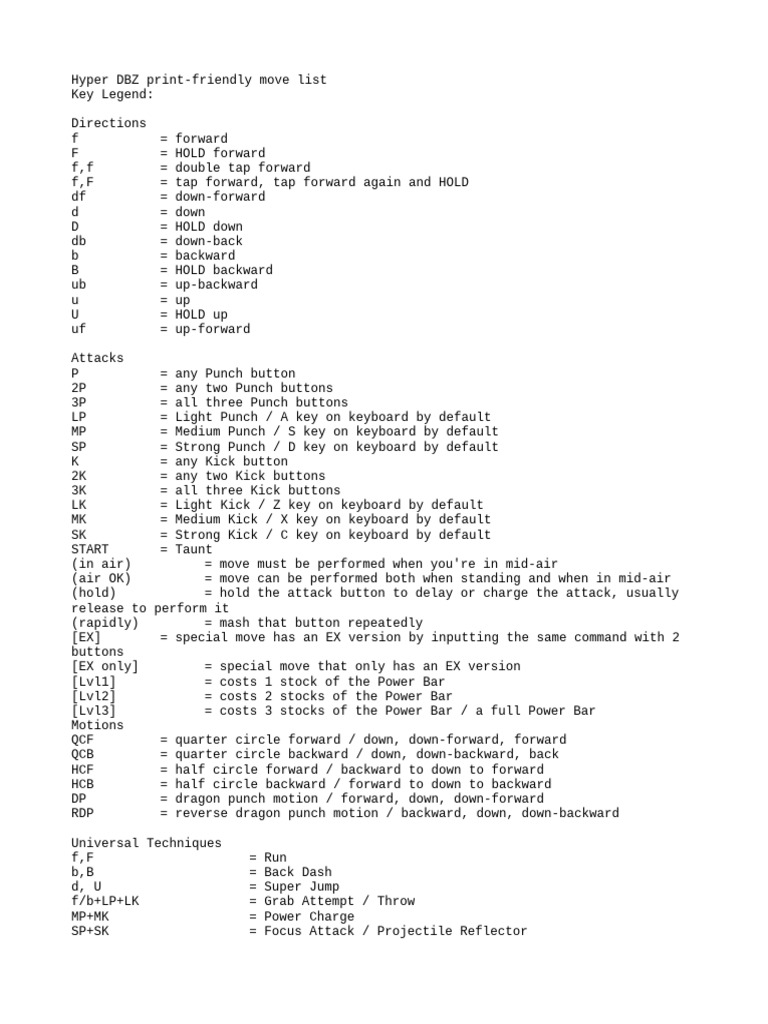 Hyper DBZ Comprehensive Move List | PDF
