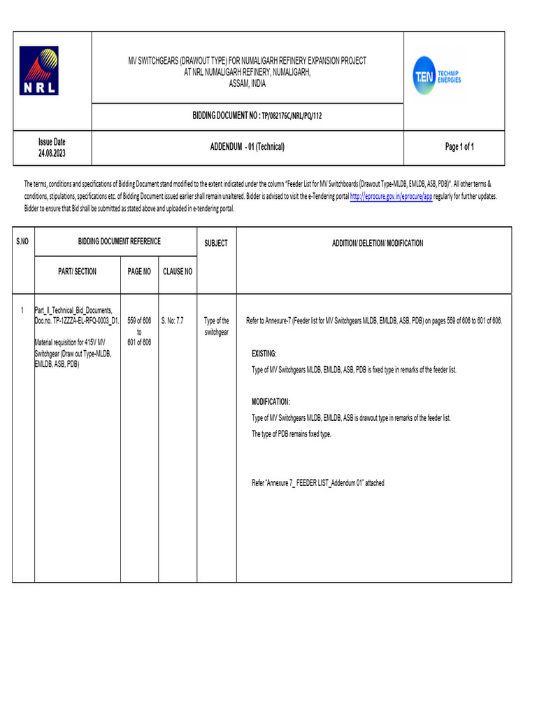 Technical Addendum 01 MV SWITCH GEARS MLDB ASB | PDF | Electrical Substation | Electrical Components