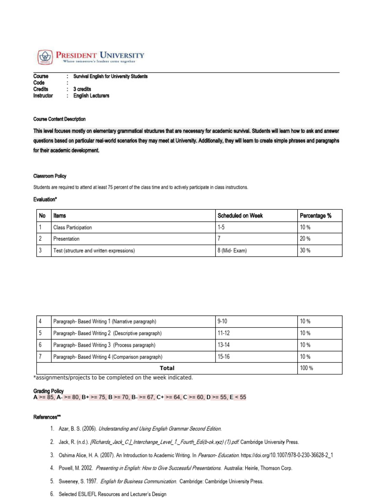 Survival English Syllabus - 20221_President University | PDF | Pedagogy ...