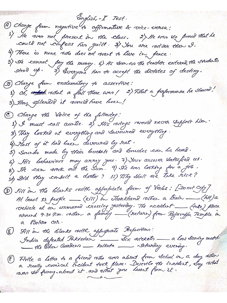 English Grammar Icse Paper Class 8 | PDF