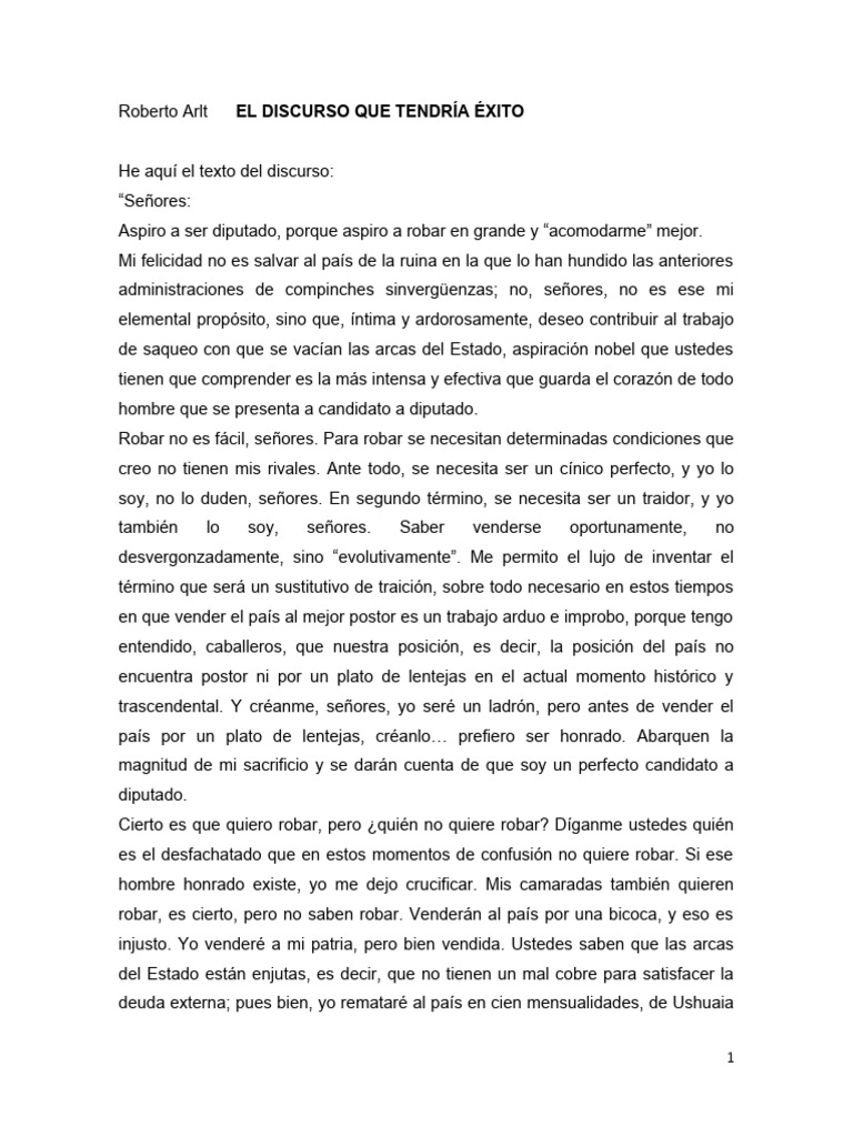 El Discurso Que Tendria Exito de Roberto Arlt | PDF
