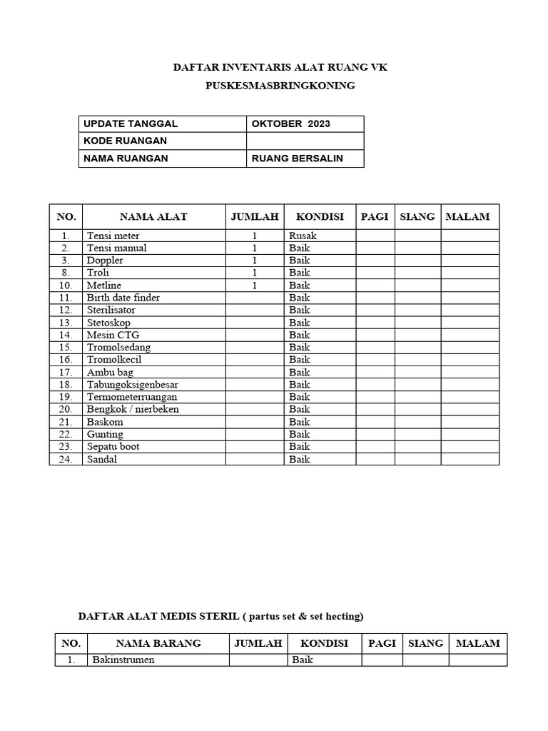 Inventaris Alat Ruang VK Puskesmas | PDF
