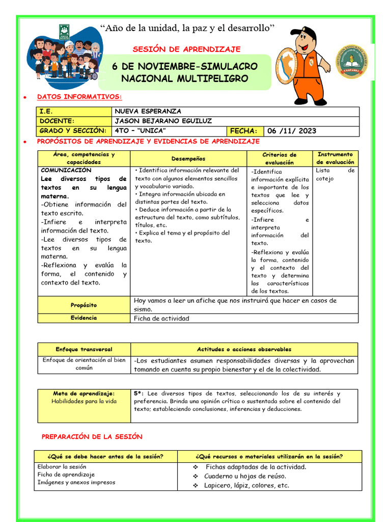 Participamos en Simulacros - 06 Noviembre - 4to Grado | PDF ... Participamos en Simulacros - 06 Noviembre - 4to Grado | PDF ...