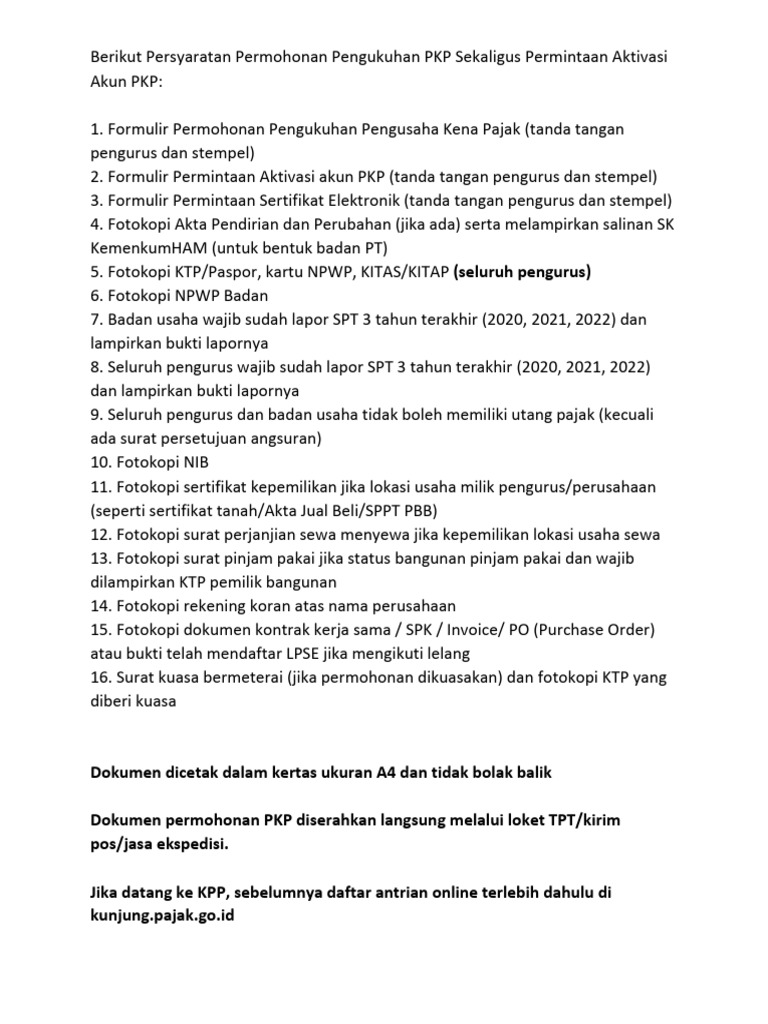 Persyaratan Permohonan Pengukuhan PKP Sekaligus Permintaan Aktivasi Akun PKP | PDF