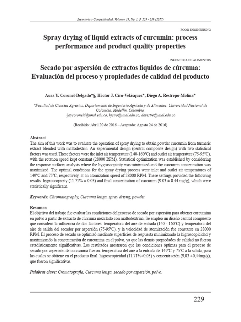 Spray Drying of Liquid Extracts of Curcumin Proces | PDF | Sustancias ...