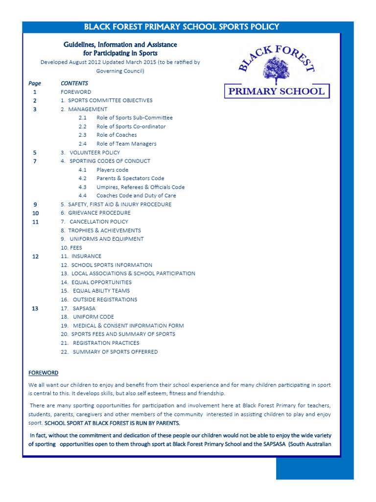 Black Forest Primary School Sports Policy 2015 | PDF | Sports | Caregiver