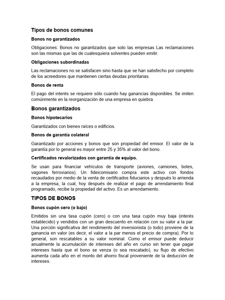 Tipos de Bonos: Guía Completa | PDF | Compartir (Finanzas) | Cupón