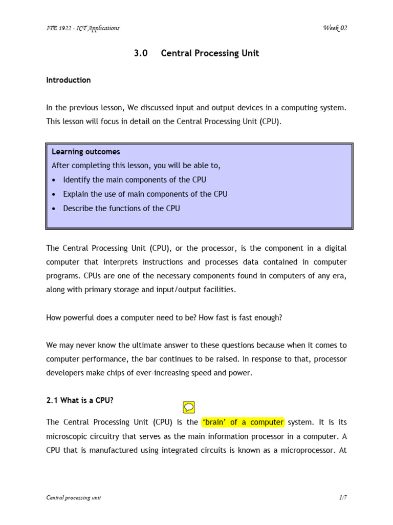 3.0 Central Processing Unit: ITE 1922 - ICT Applications | PDF | Central Processing Unit ...