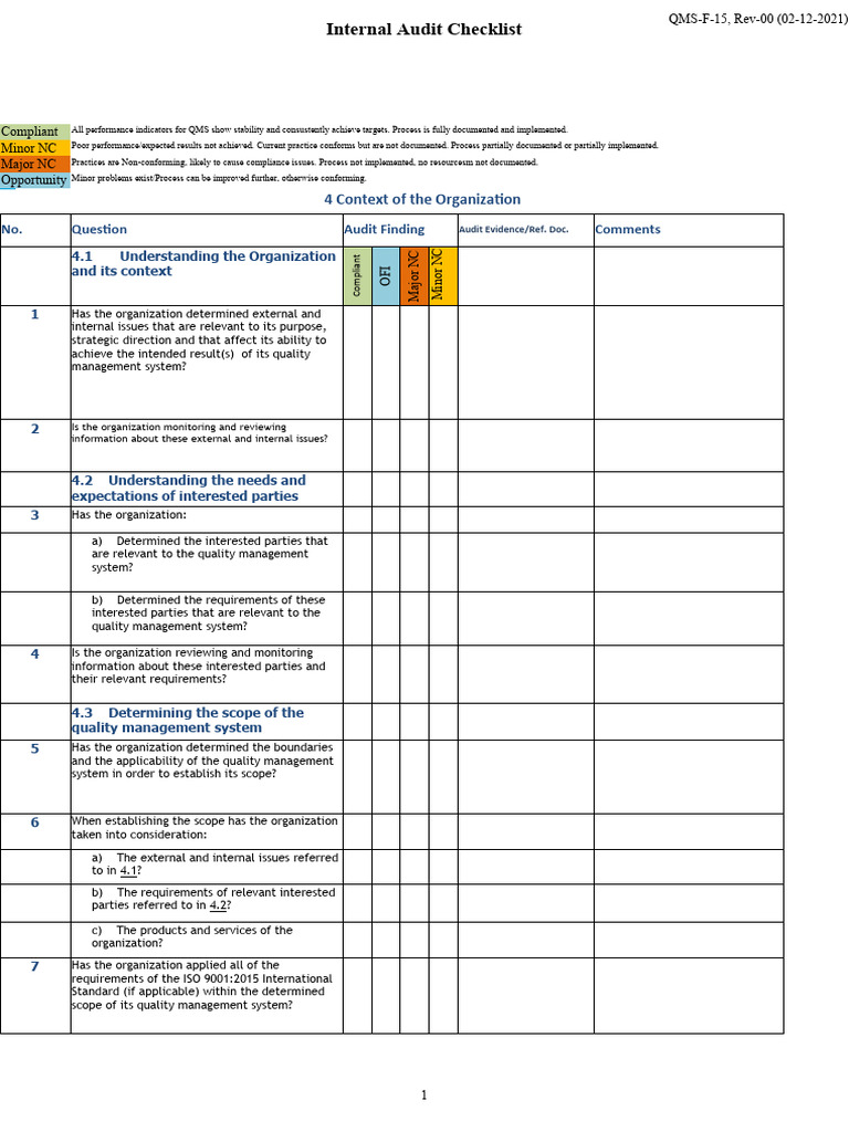 QMS-F-15 Internal Audit Checklist | PDF | Audit | Quality Management System