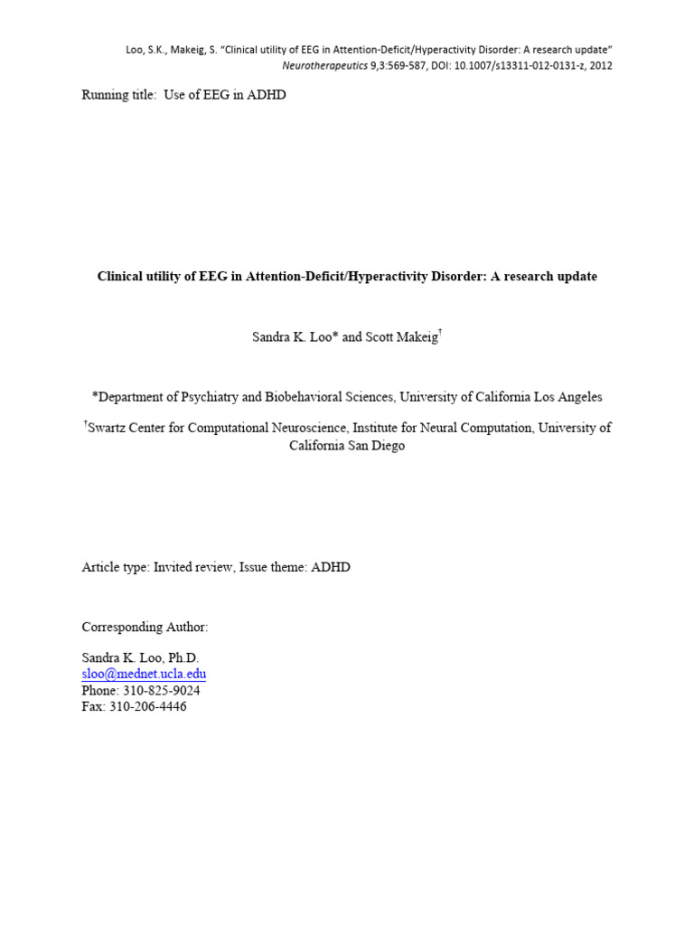 Clinical Utility Of Eeg In Attention Deficit Hyperactivity Disorder A Research Update Pdf