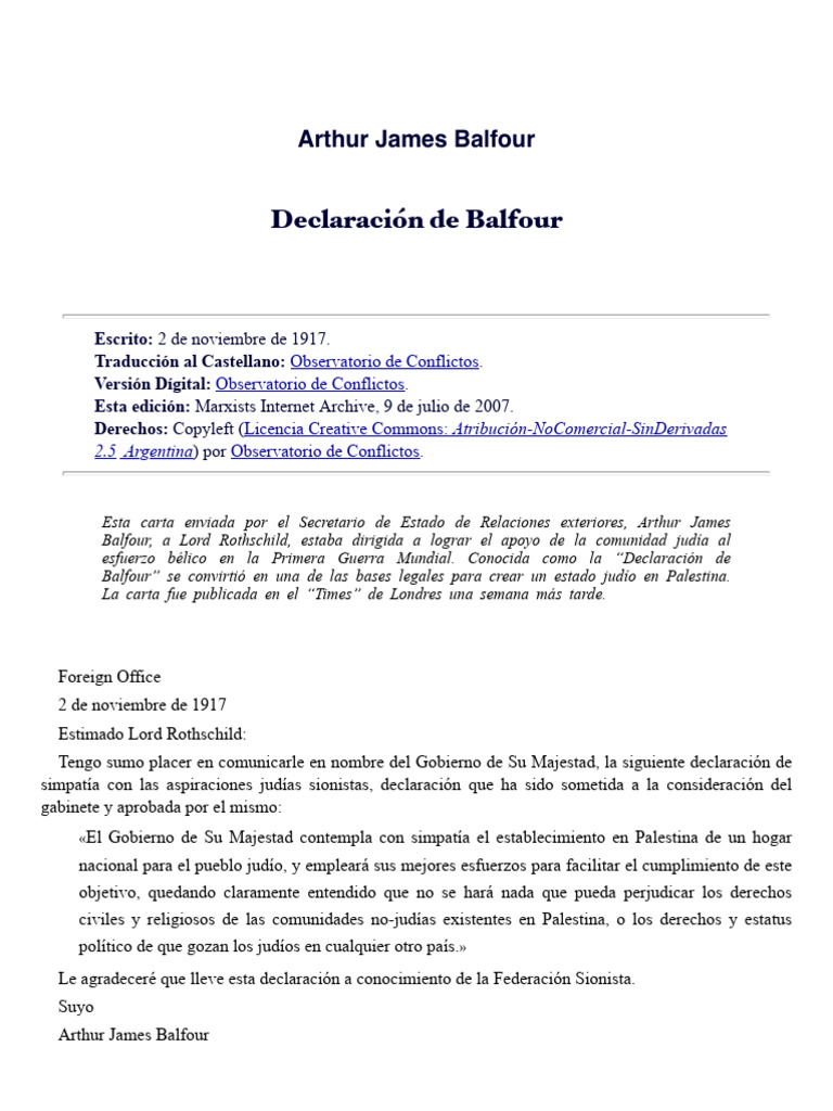 Declaración de Balfour (1917) . | PDF