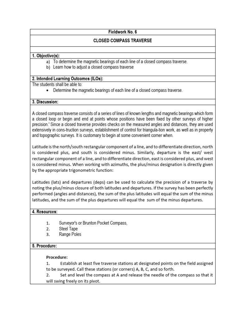 CE 010 Fieldwork No. 6 - Closed Compass Traverse | PDF | Compass ...