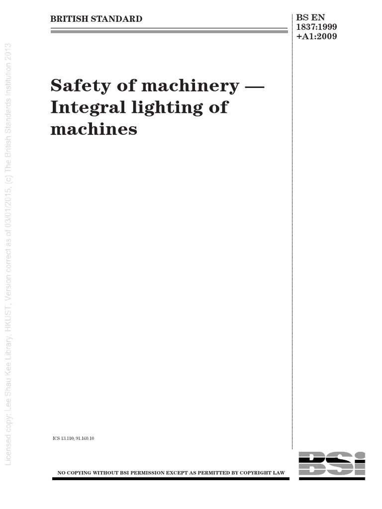 BS en 01837-1999 + A1-2009 (2010) (Integral Lighting of Machines) | PDF ...