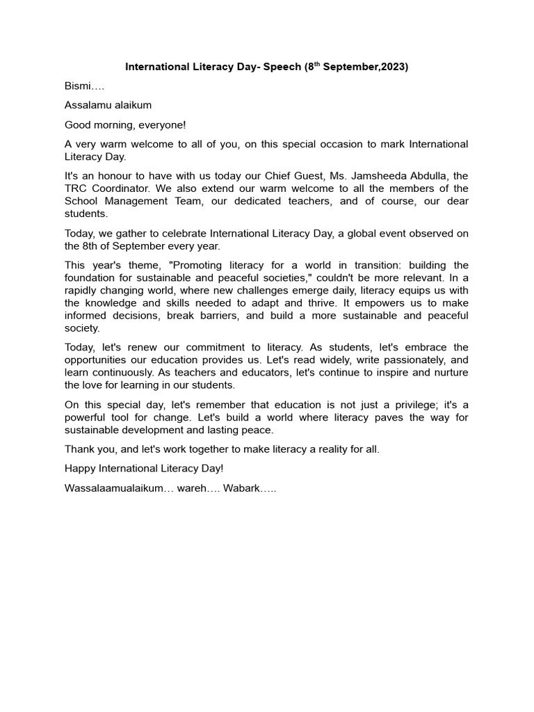 Literacy Day Speech | PDF