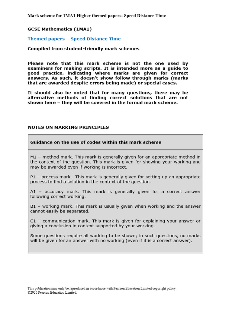 41b Speed Distance Time - H - Mark Scheme | PDF | Speed | Area