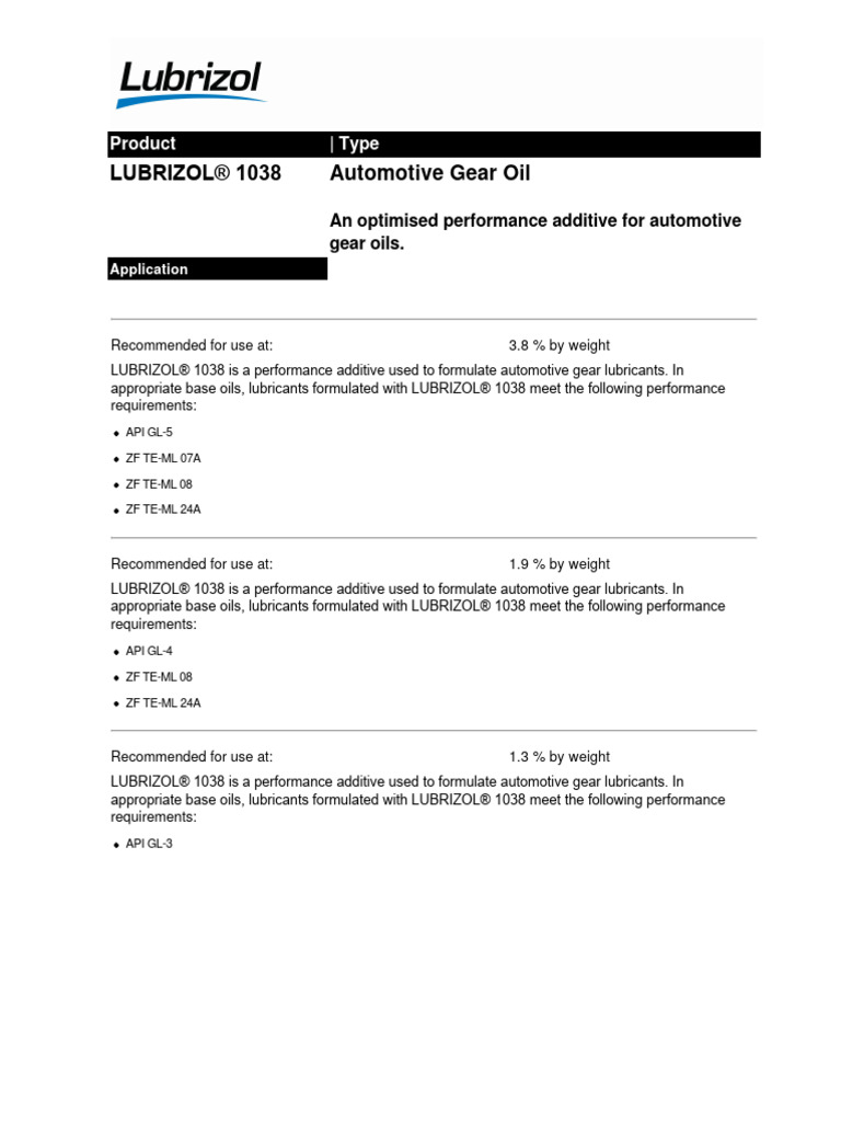 Lubrizol 1038 - Auto Gear Oil - Tds | PDF | Pump | Chemistry