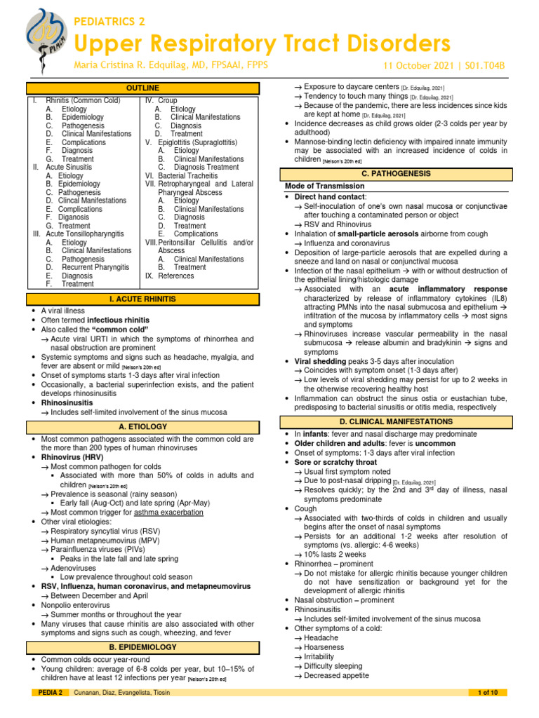 (PEDIA 2) - S01-T04B-Upper Respiratory Tract Disorders | PDF | Common ...