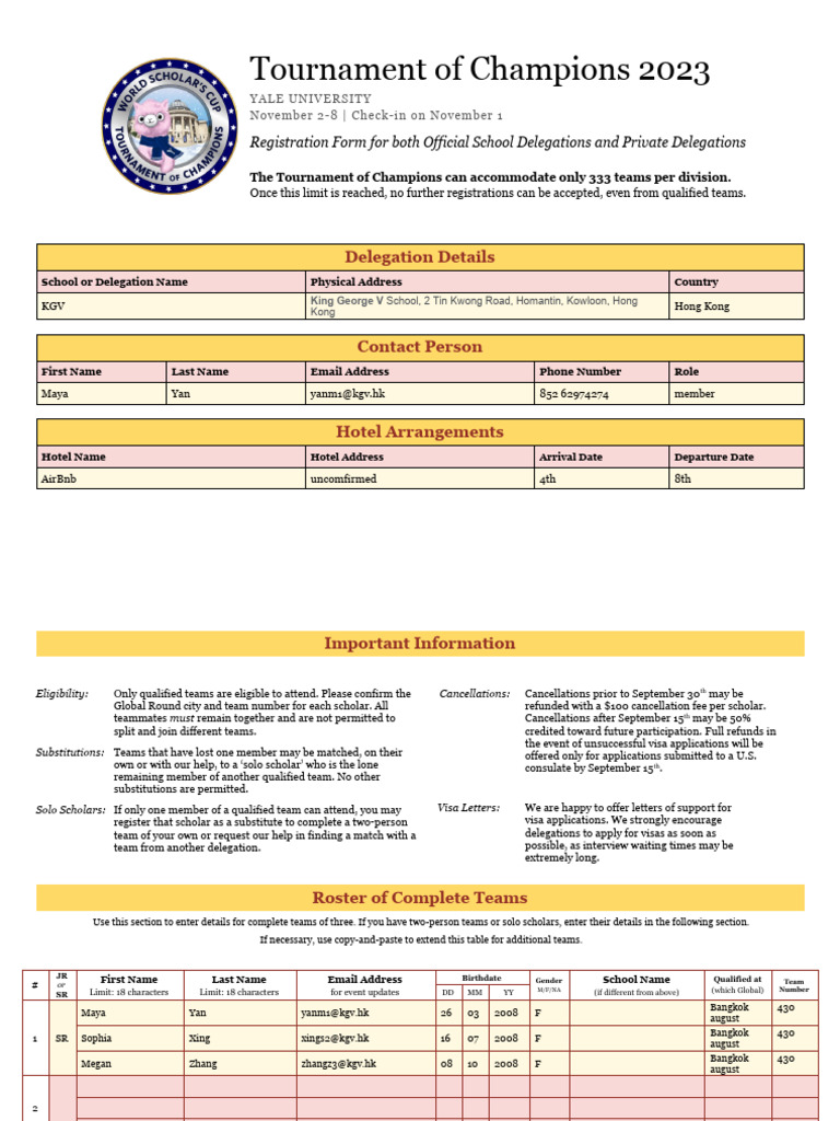 WSC Tournament of Champions 2023 Registration Form | PDF | Credit Card