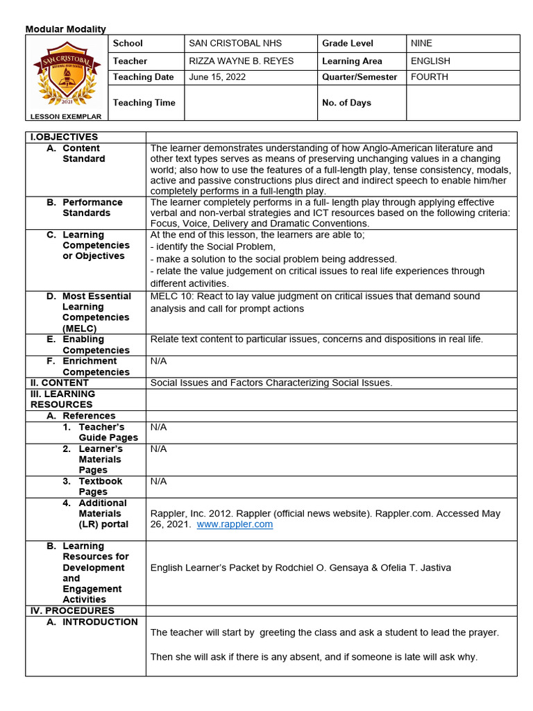 Cot 2-Learning-Exemplar-Reyes, Rizza Wayne B. | PDF | Learning | Teachers