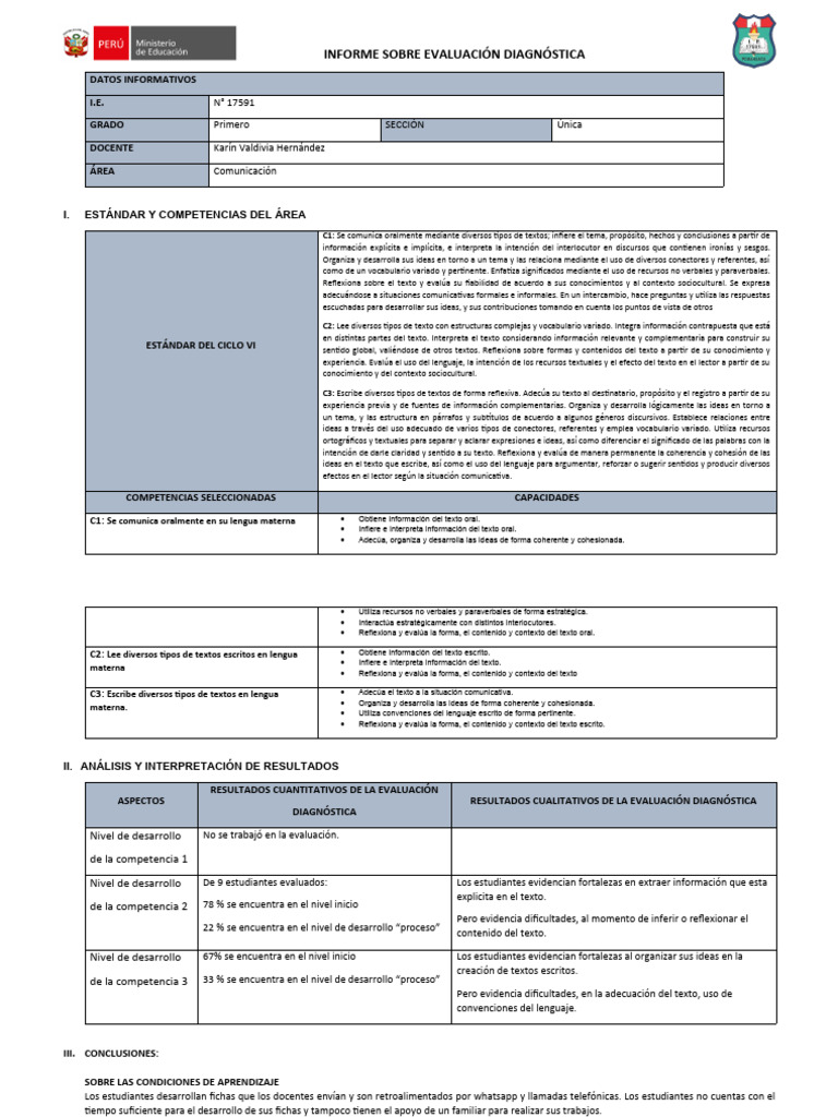 Informe De Evaluación Diagnóstica 1° Pdf Evaluación Comunicación 0116