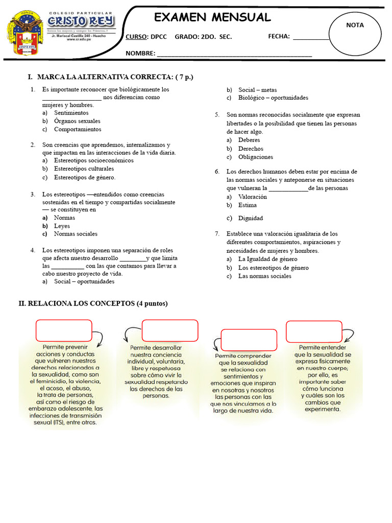 Examen Mensual DPCC - 2do Sec. | PDF | Rol de género | Género