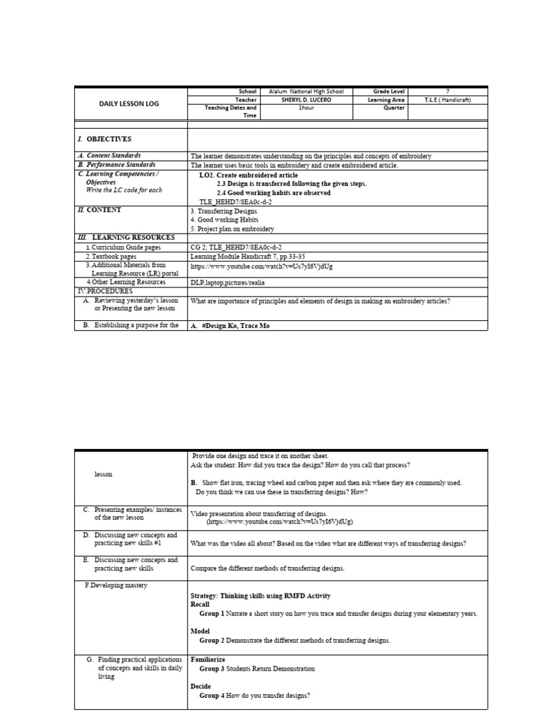 LO2 Transferring of Design | PDF | Learning | Embroidery