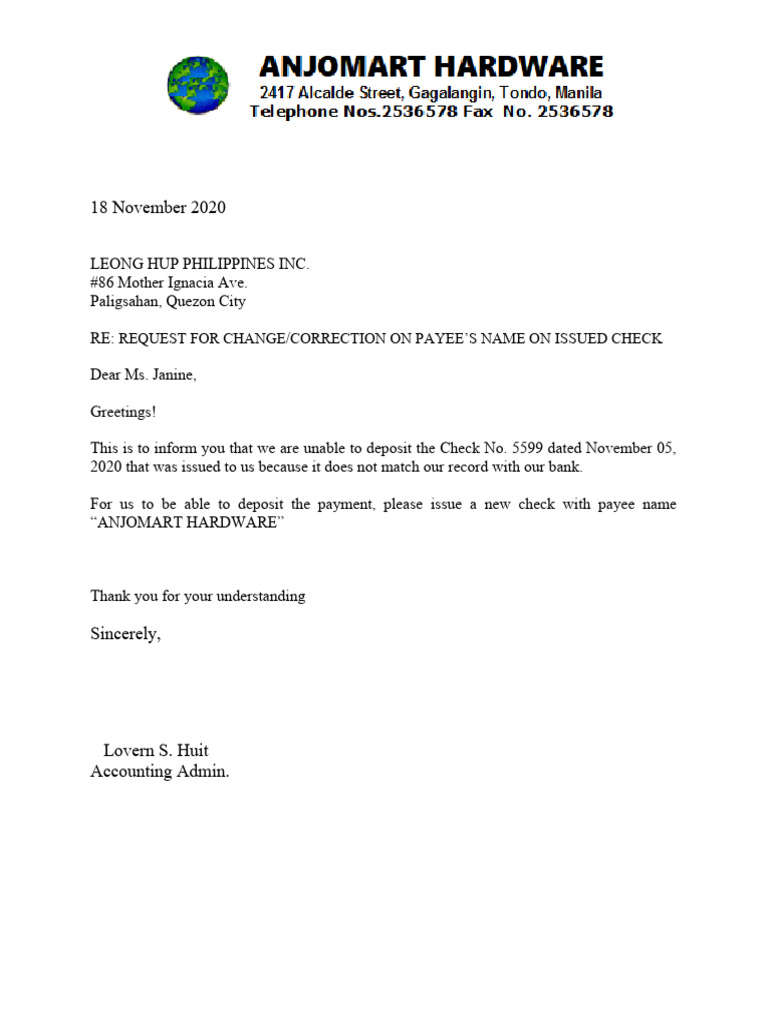 Request Letter For Corrected Check Name | PDF | Cooking, Food & Wine | Law