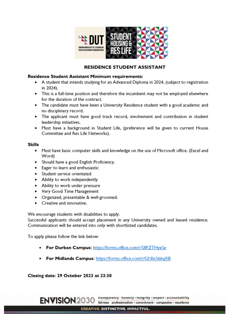 Advert For Residence Student Assistant 2024 | PDF