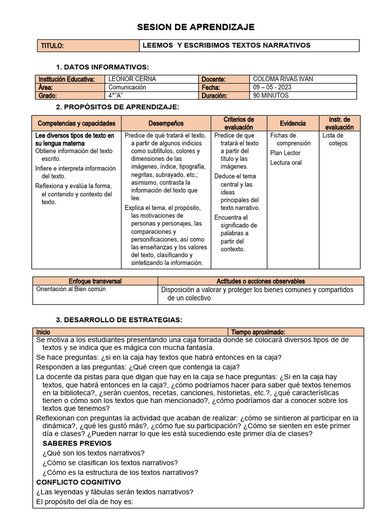 SESION DE APRENDIZAJE COMUNICACION LEEMOS Y ESCRIBIMOS TEXTOS MARTES 9 ...